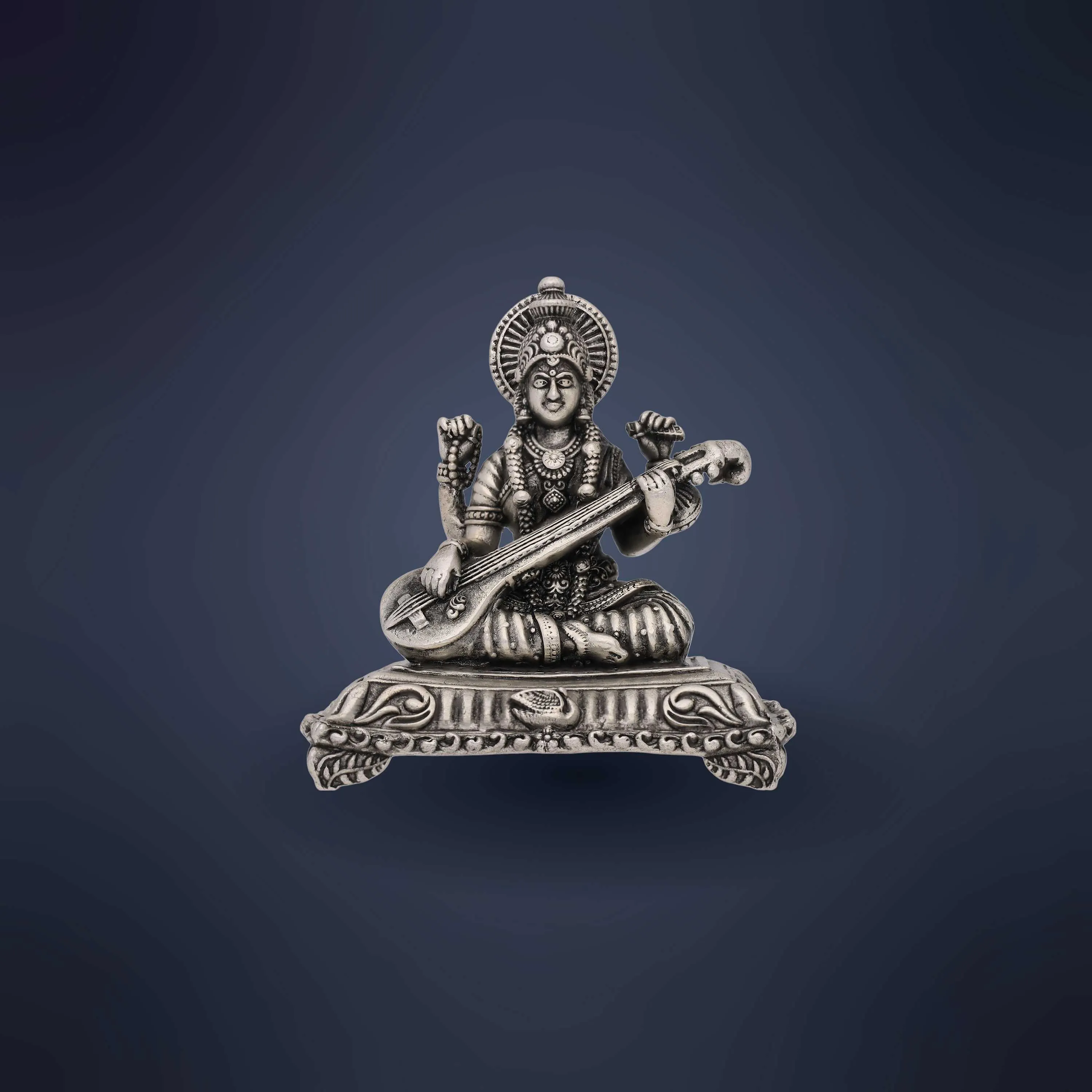 Classic Antique Finished And Detailed Silver Saraswathi Idol
