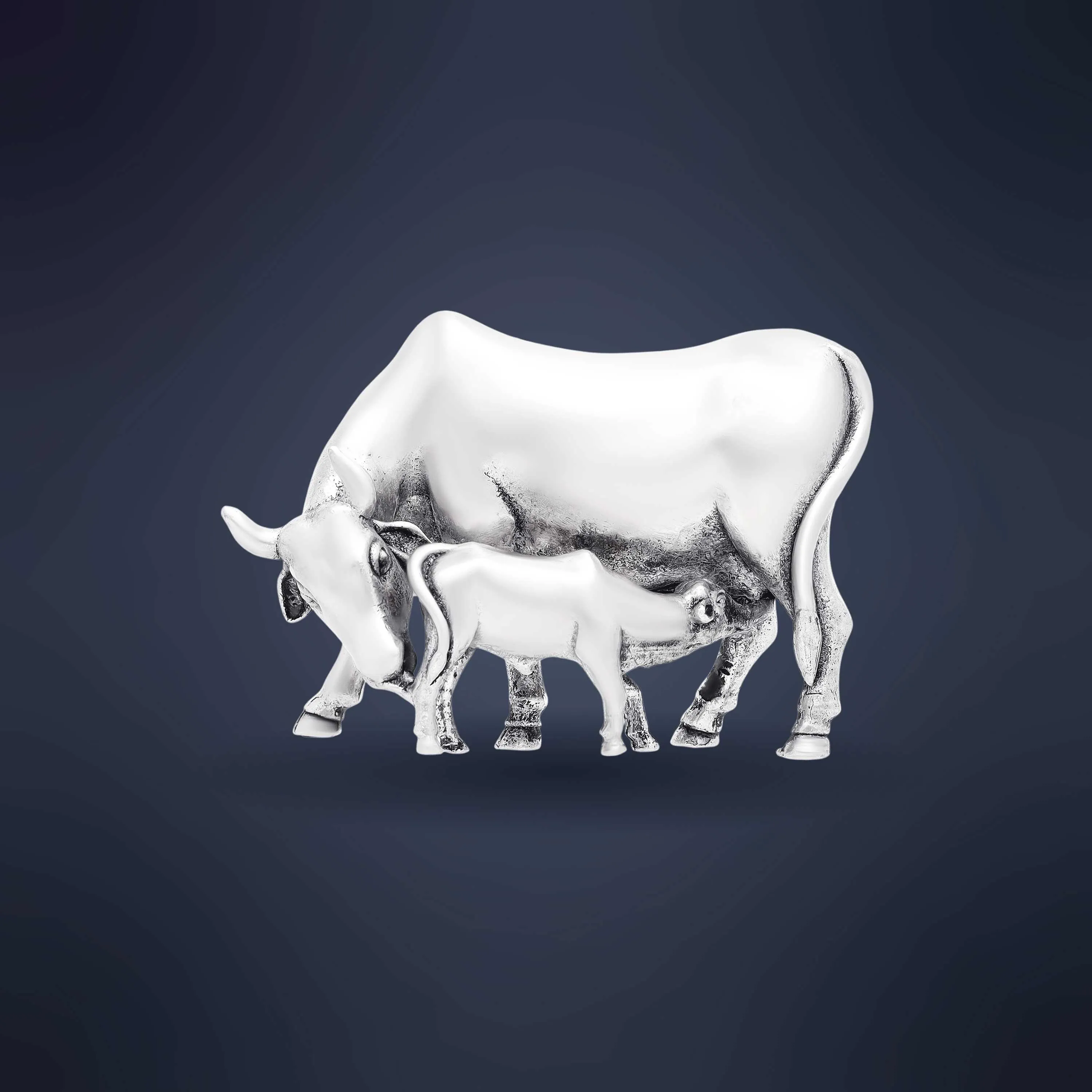 Antique Finished And Detailed Silver Cow And Calf Idol