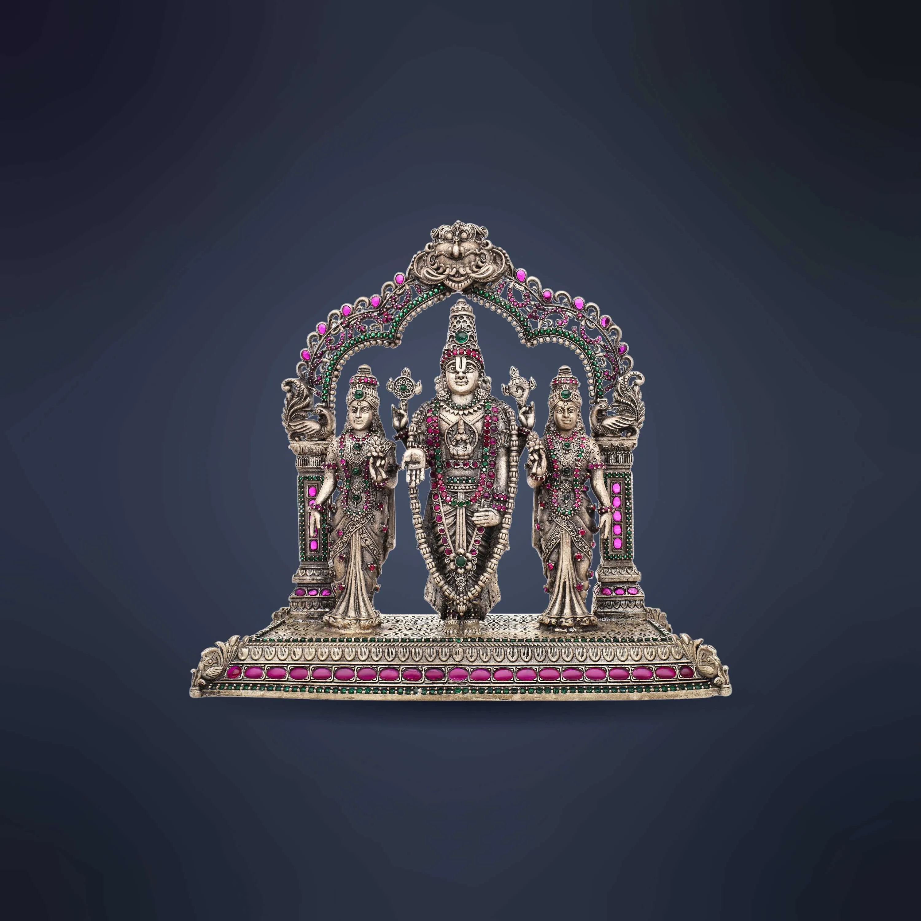 Antique Finished And Studded Silver Balaji With Sri Devi And Bhoo Devi Idol
