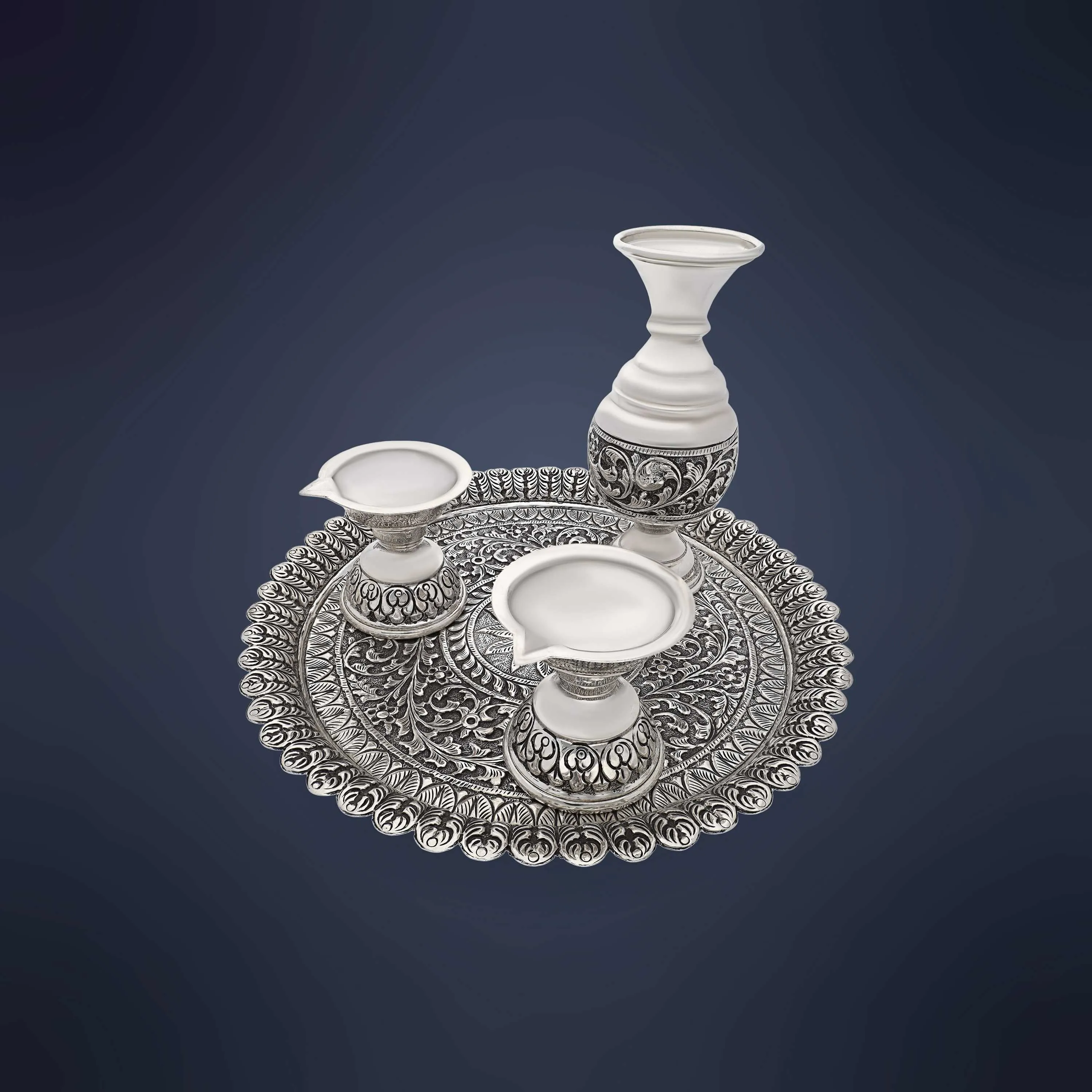 Classic Antique Finished And Detailed Silver Kalasam Set