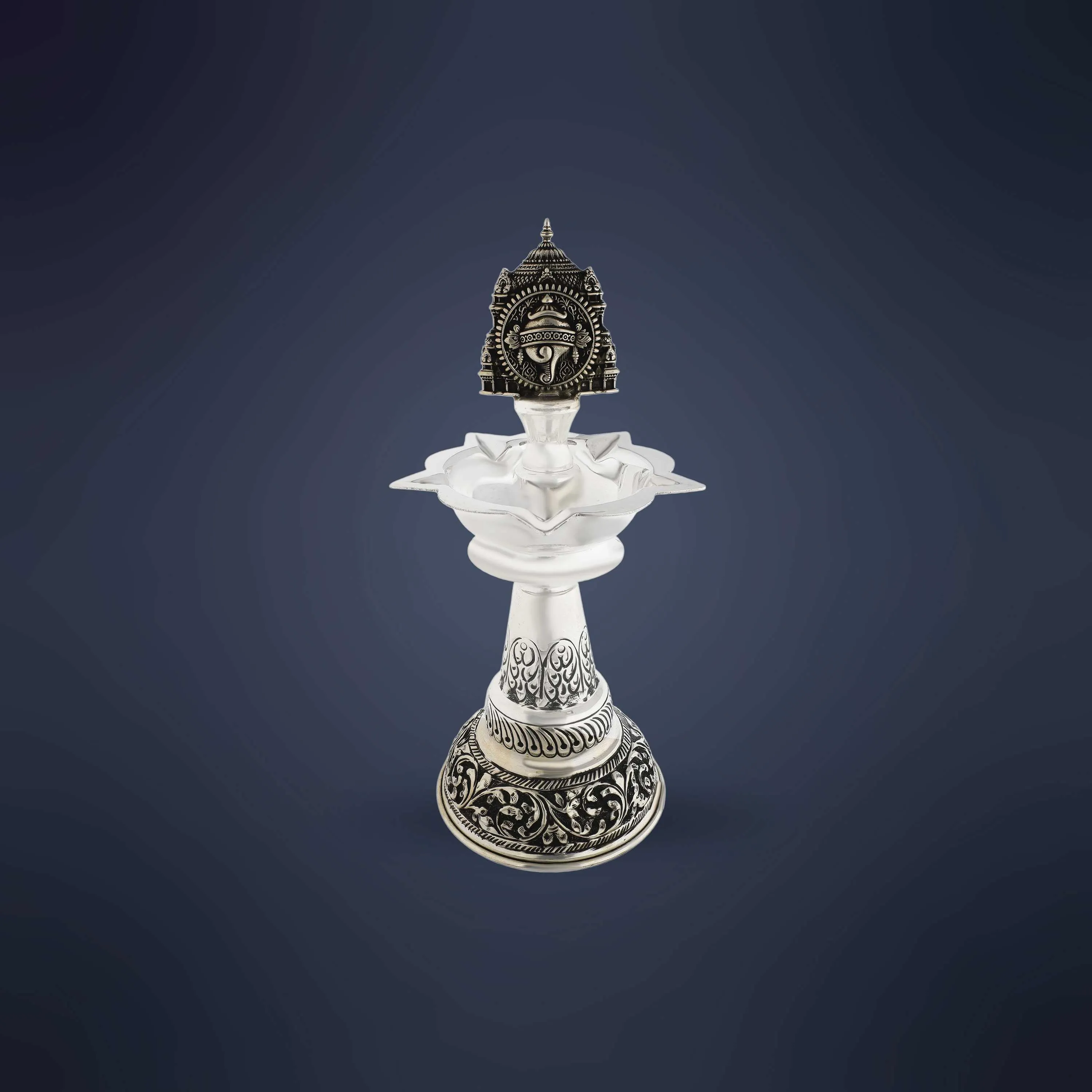 Divinely Detailed And Antique Finished Silver Tirupathi Temple Lamp