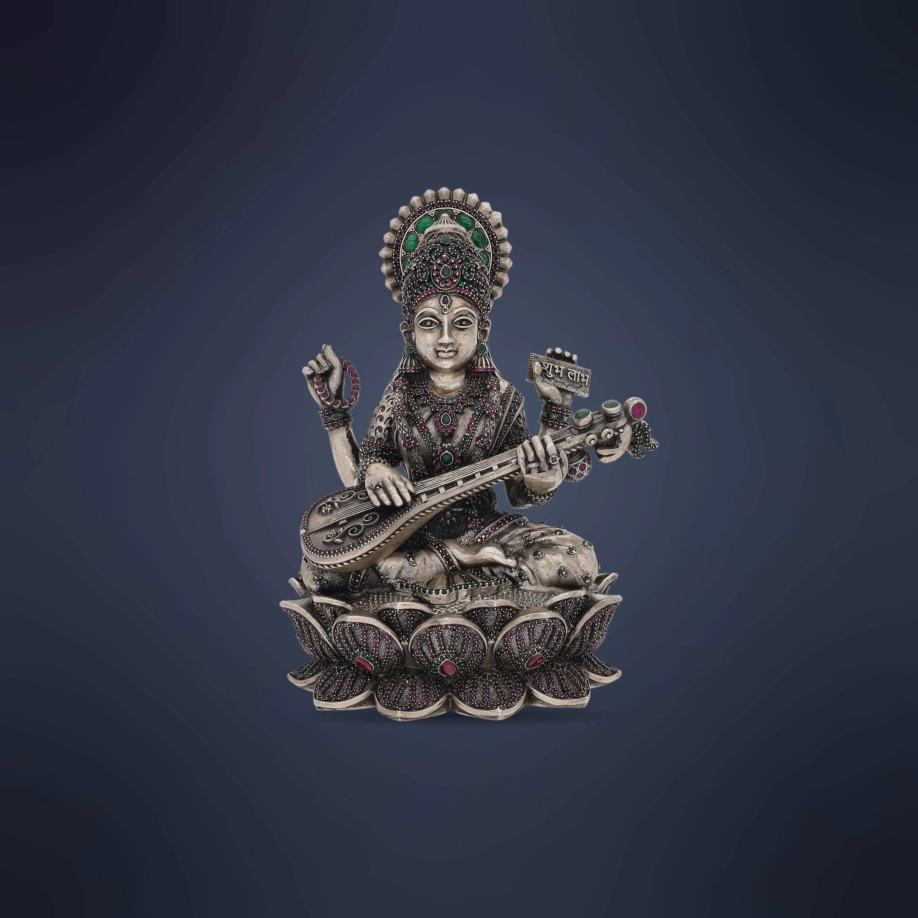 Antique Finished And Studded Silver Saraswathi Devi Idol