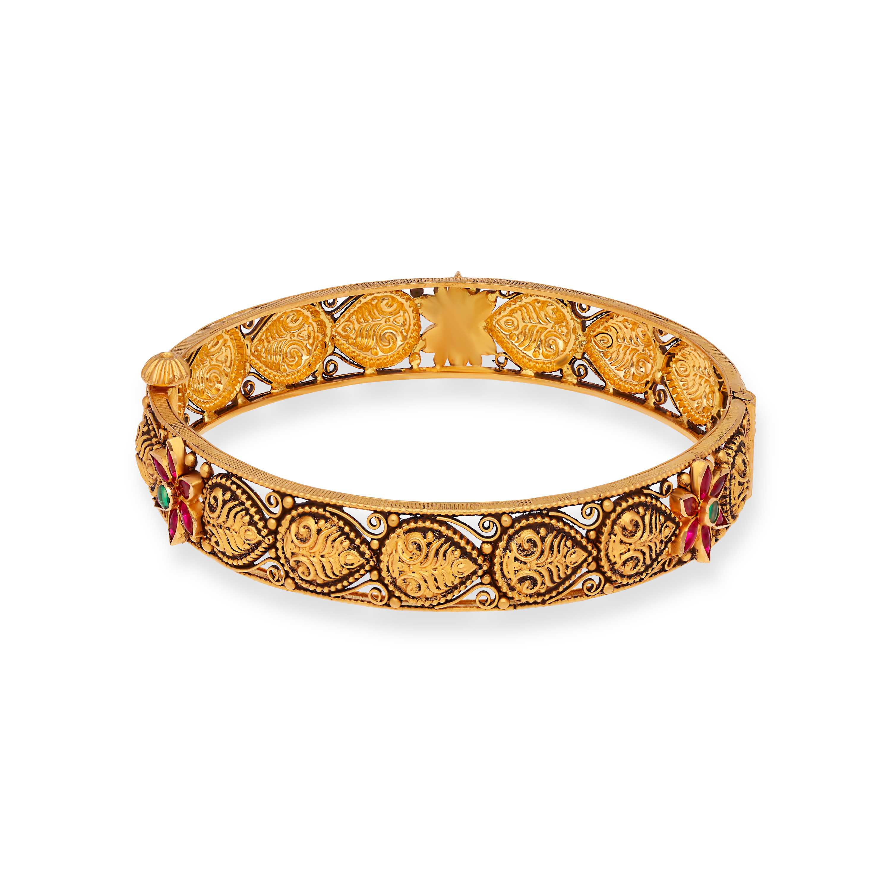 Specially Crafted And Antique Finished Lakshmi Devi 22KT Gold Bangles