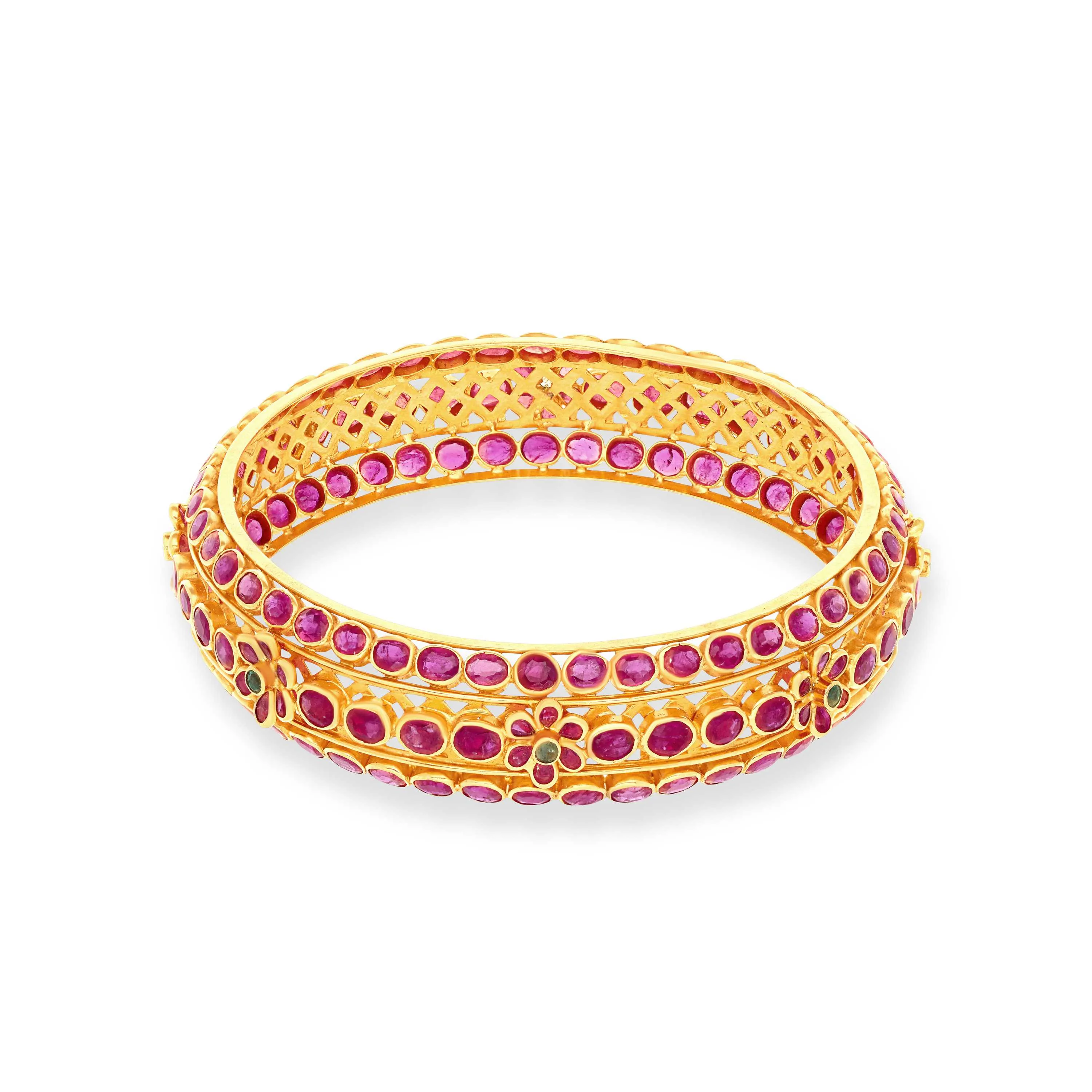 Traditionally Crafted Emerald And Ruby Studded 22KT Gold Bangles