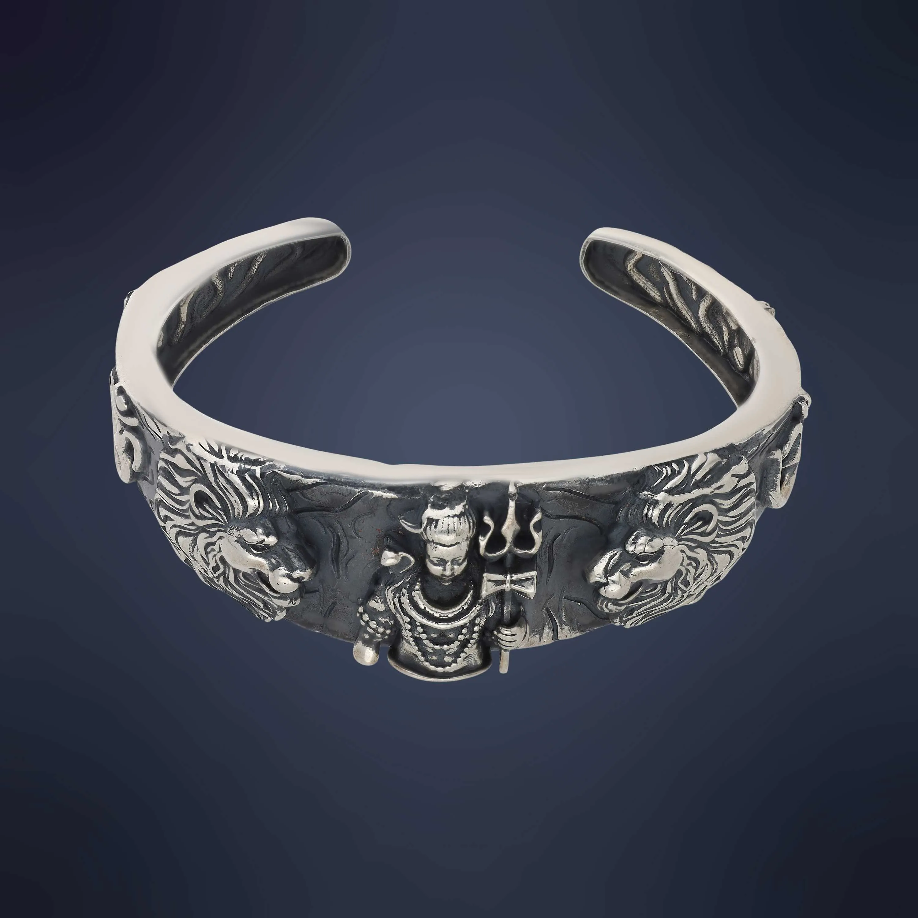 Classic Antique Finished And Detailed Silver Lord Shiva Kada For Men