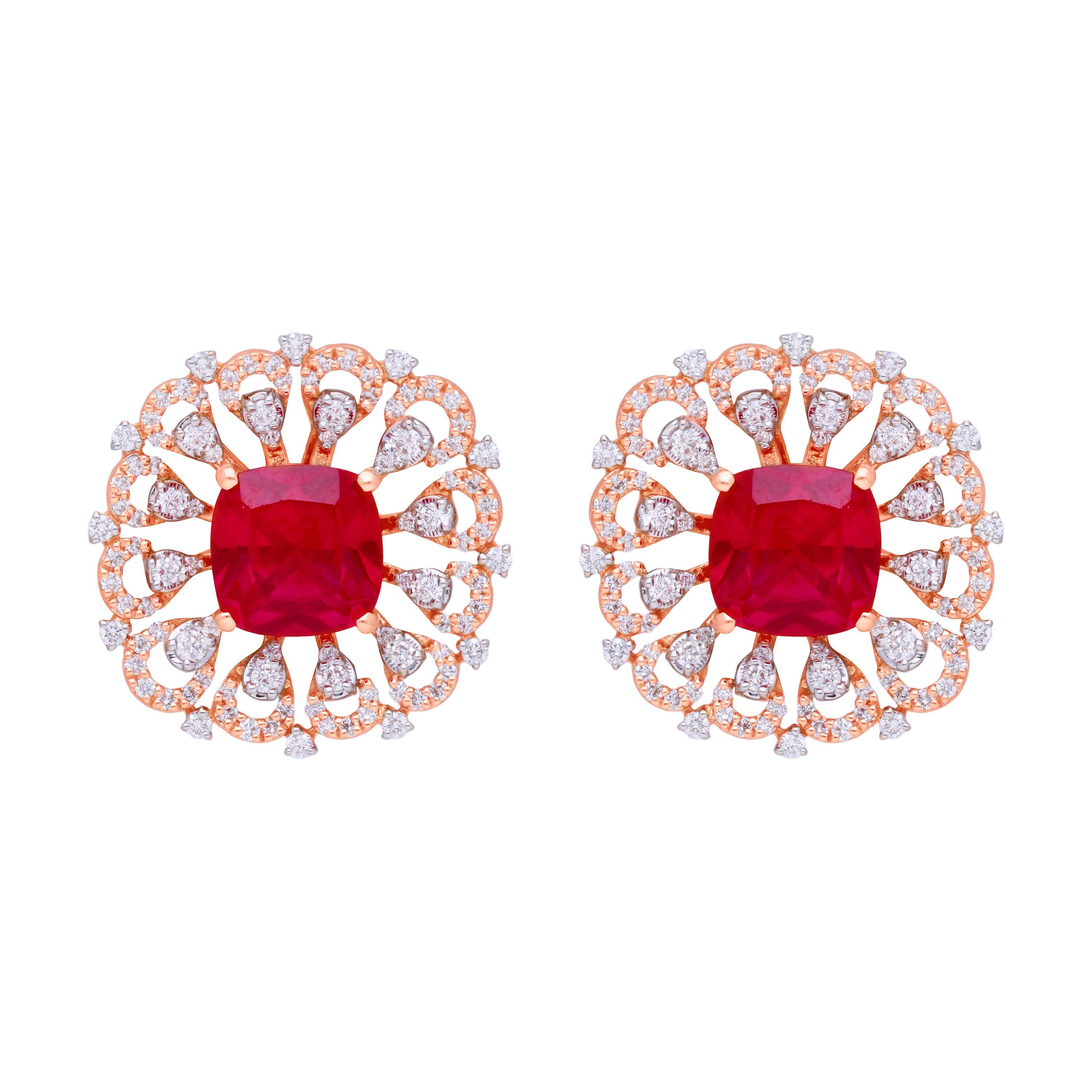 Fancy Floral Pattern Diamond Studded 18KT Rose Gold Studs