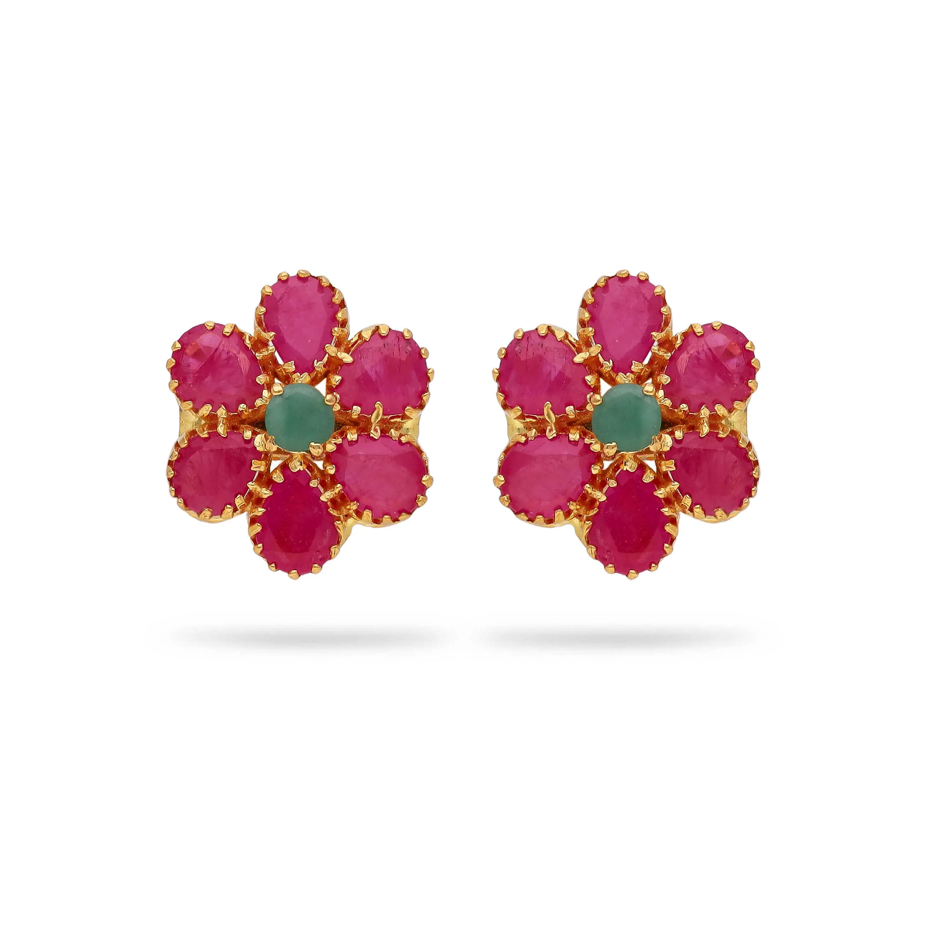 Gorgeously Detailed Ruby And Emerald Studded 22KT Gold Studs