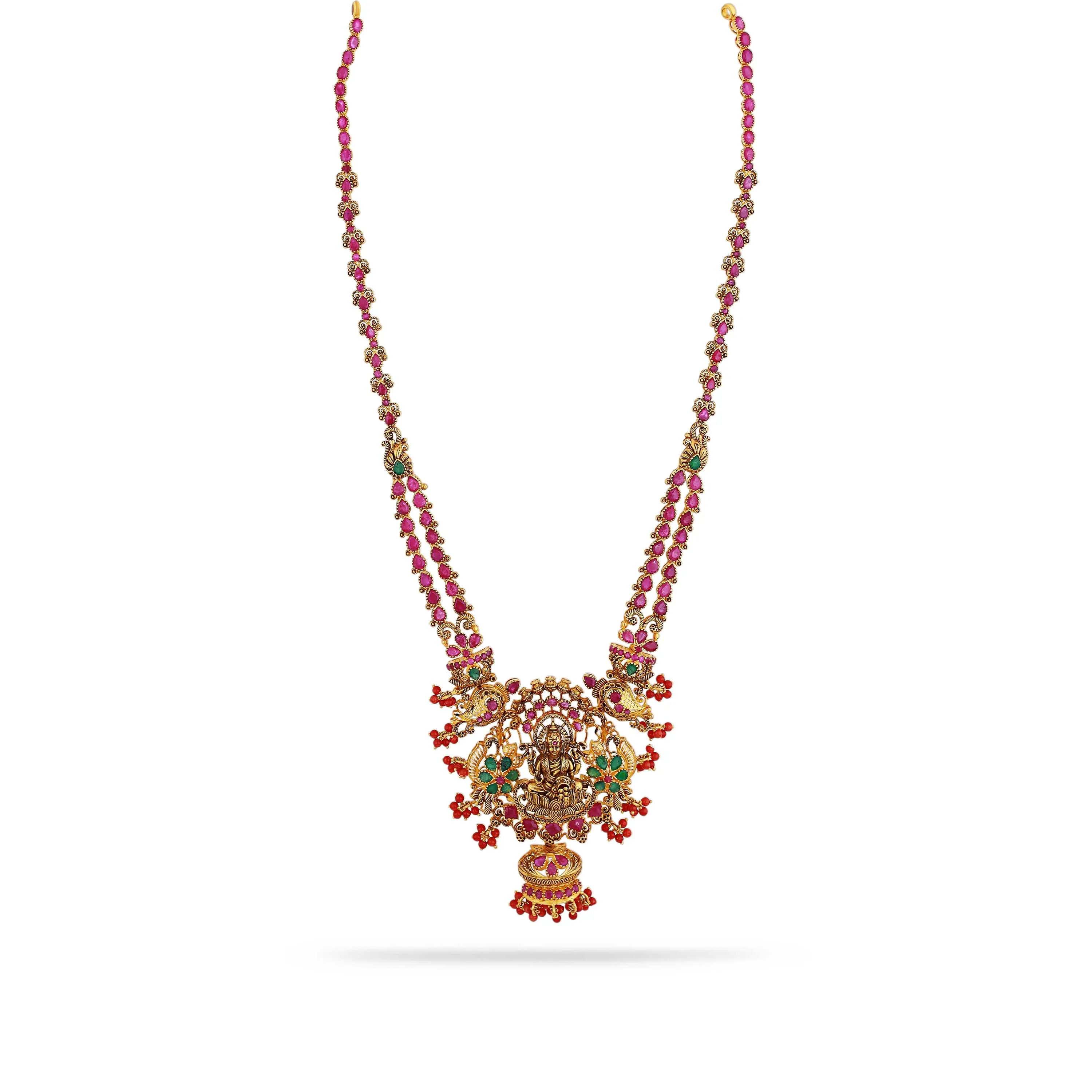 Traditionally Crafted Ruby And Emerald Studded 22KT Gold Necklace