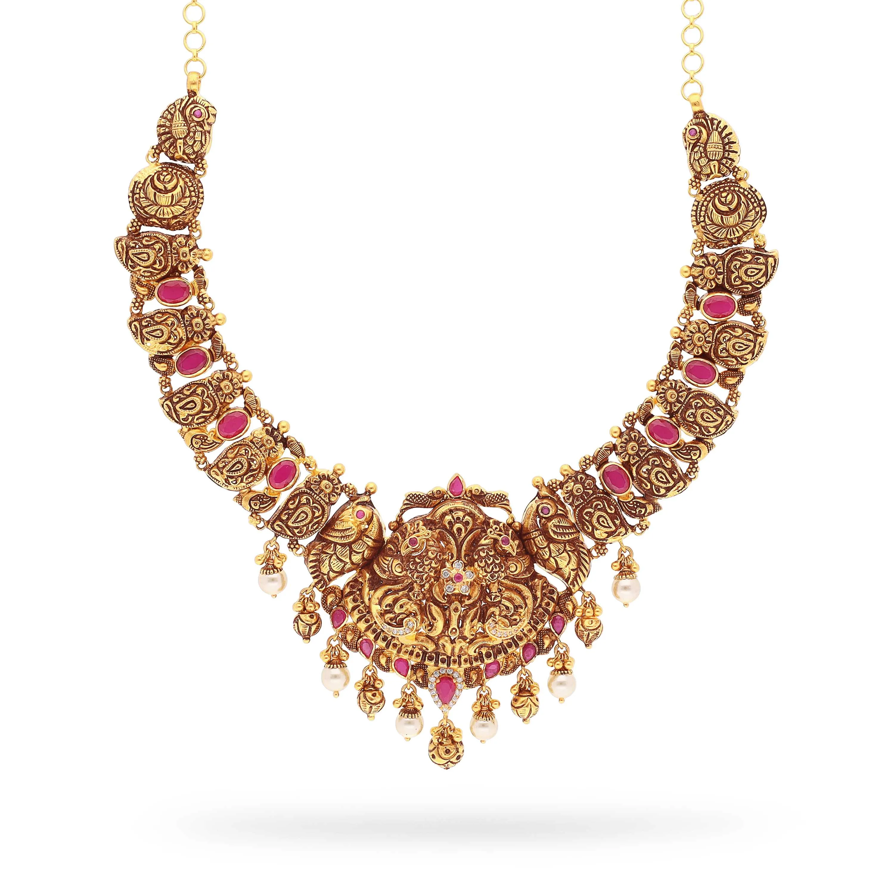 Premium Antique Finished And Studded 22KT Gold Necklace