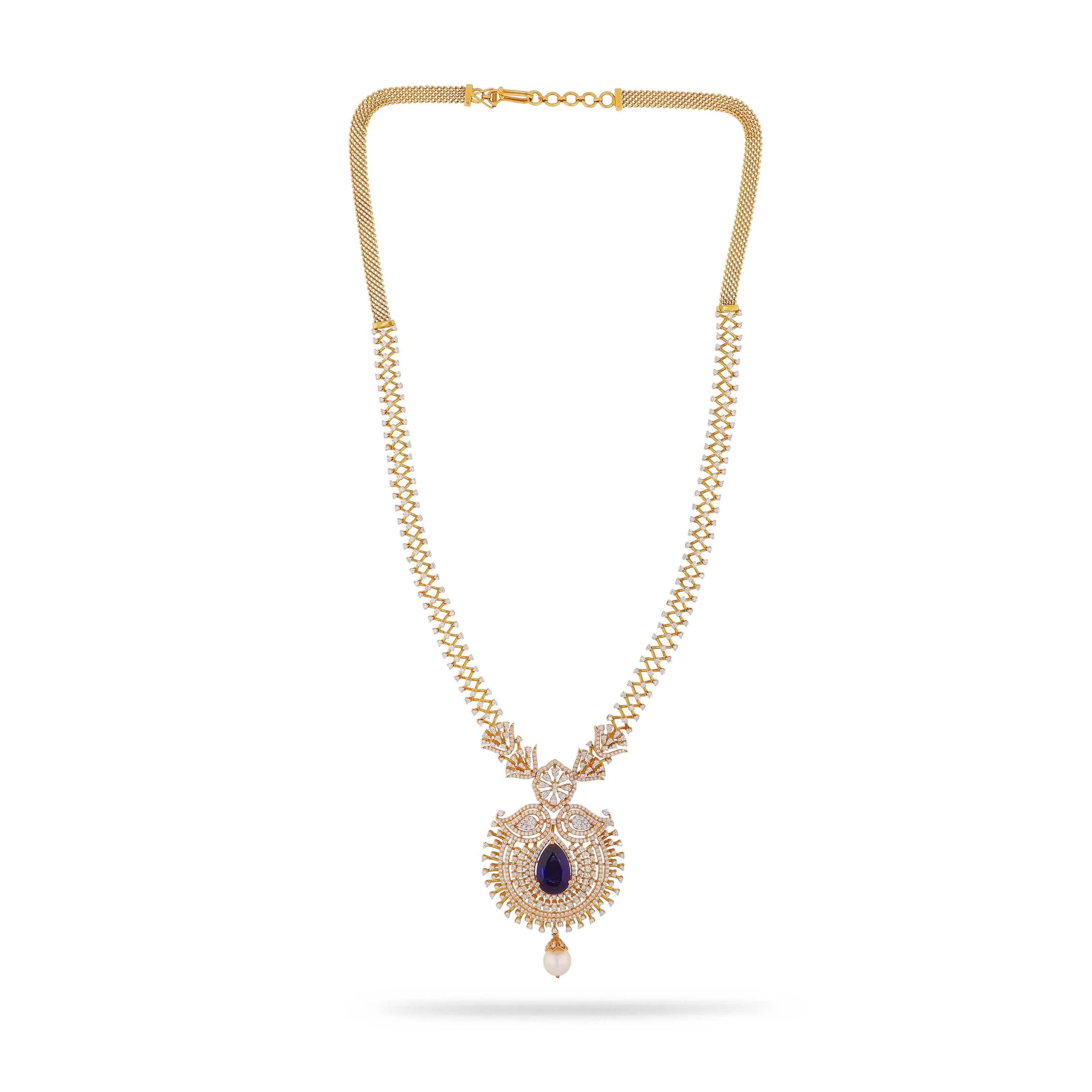 Glamorously Detailed And Diamond Studded 18KT Yellow Gold Necklace With ...