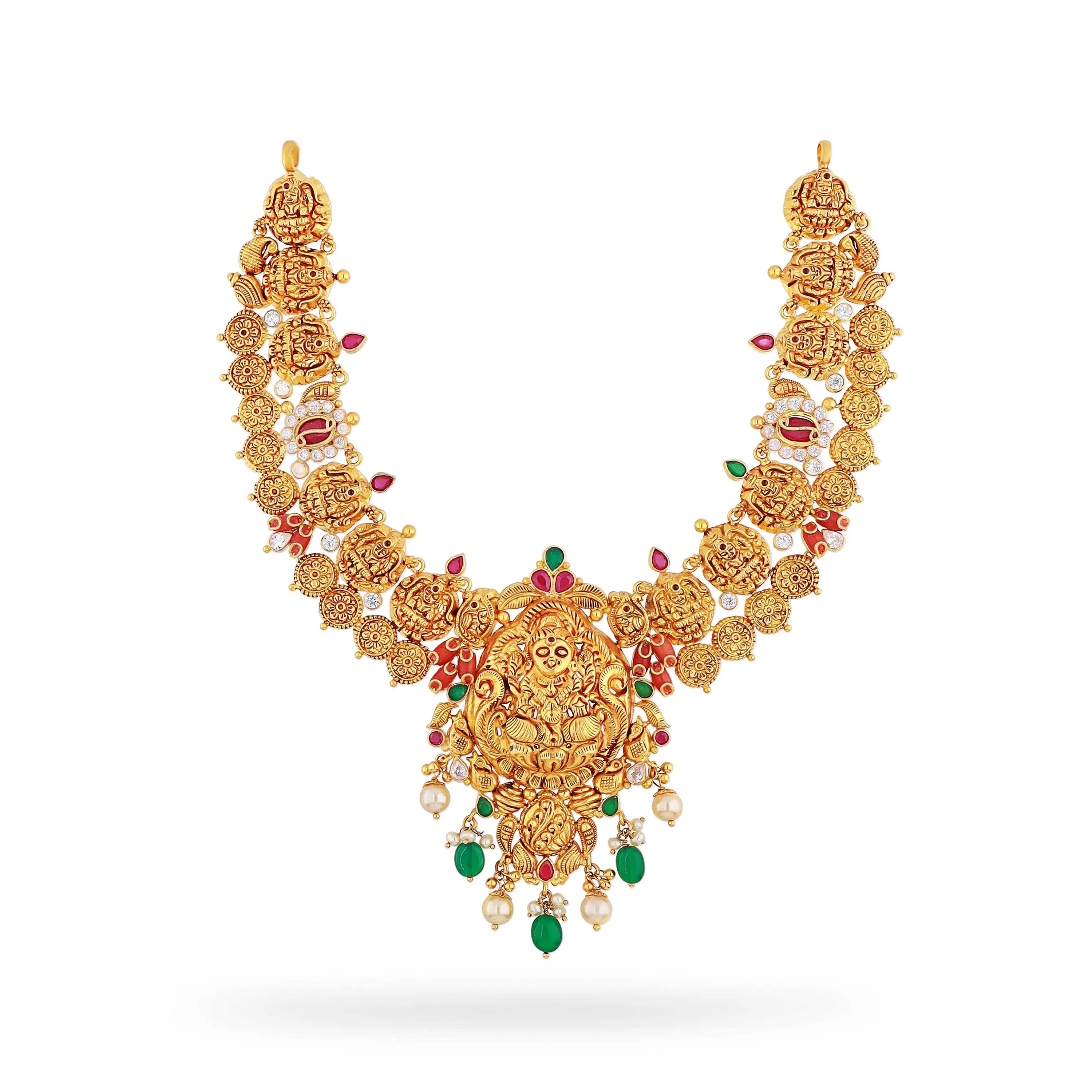 Classic Antique Finished And Studded 22KT Gold Necklace