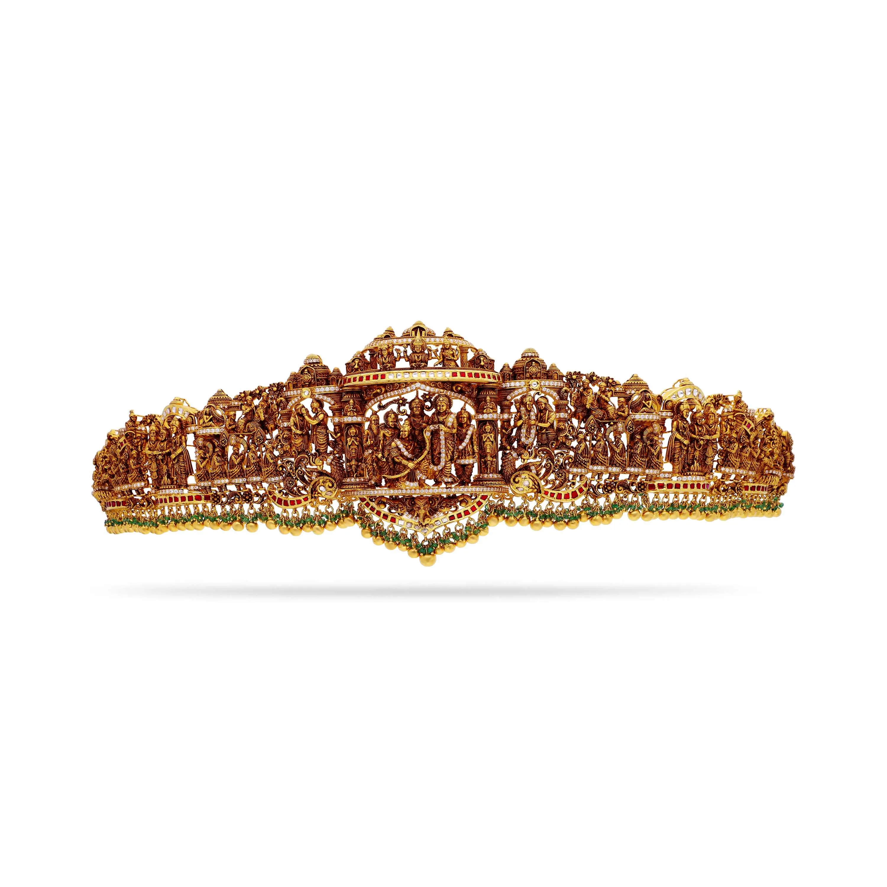 Antique Finished And Studded 22KT Gold Ram Parivar Oddiyanam