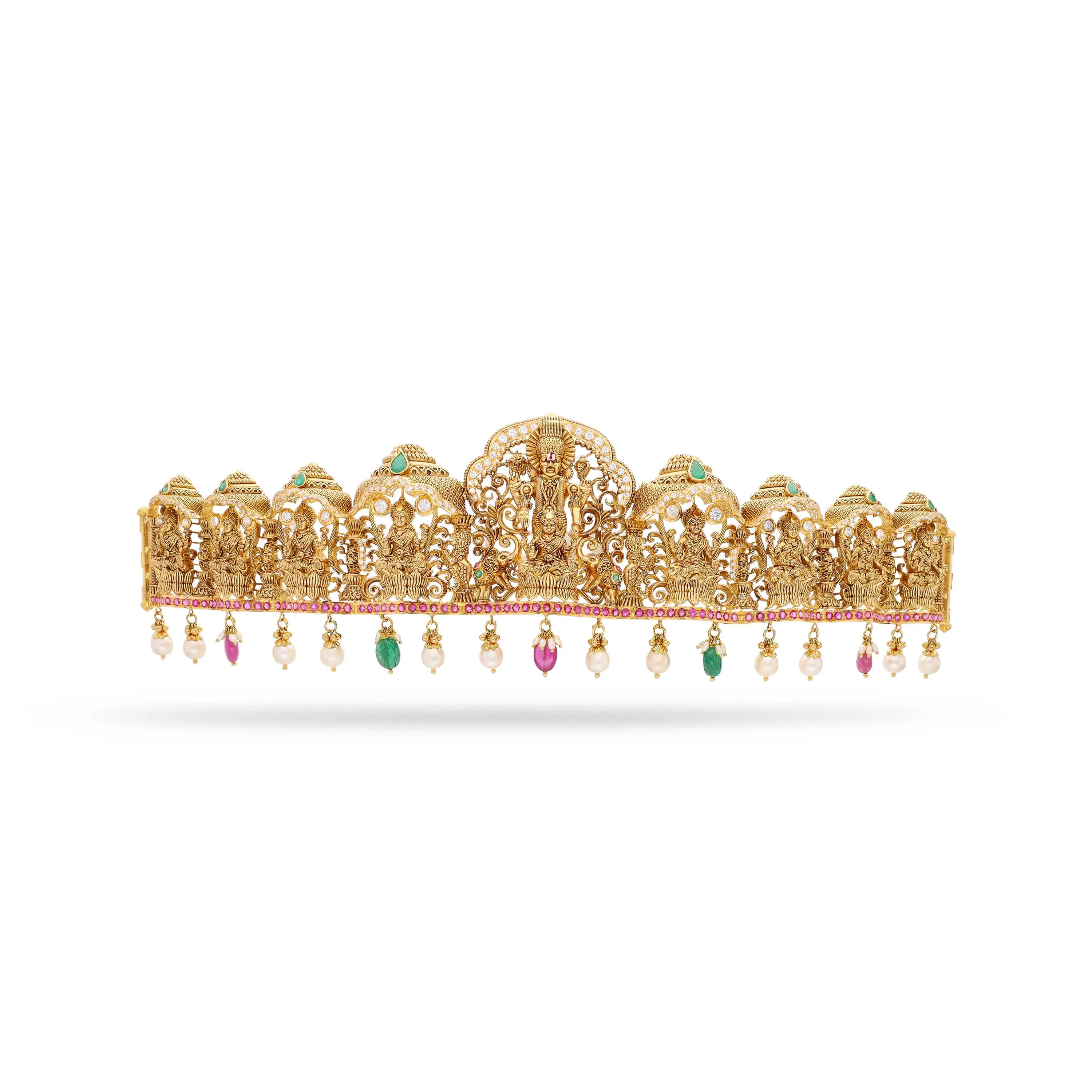 Antique Finished And Studded 22KT Gold Lakshmi Devi Oddiyanam