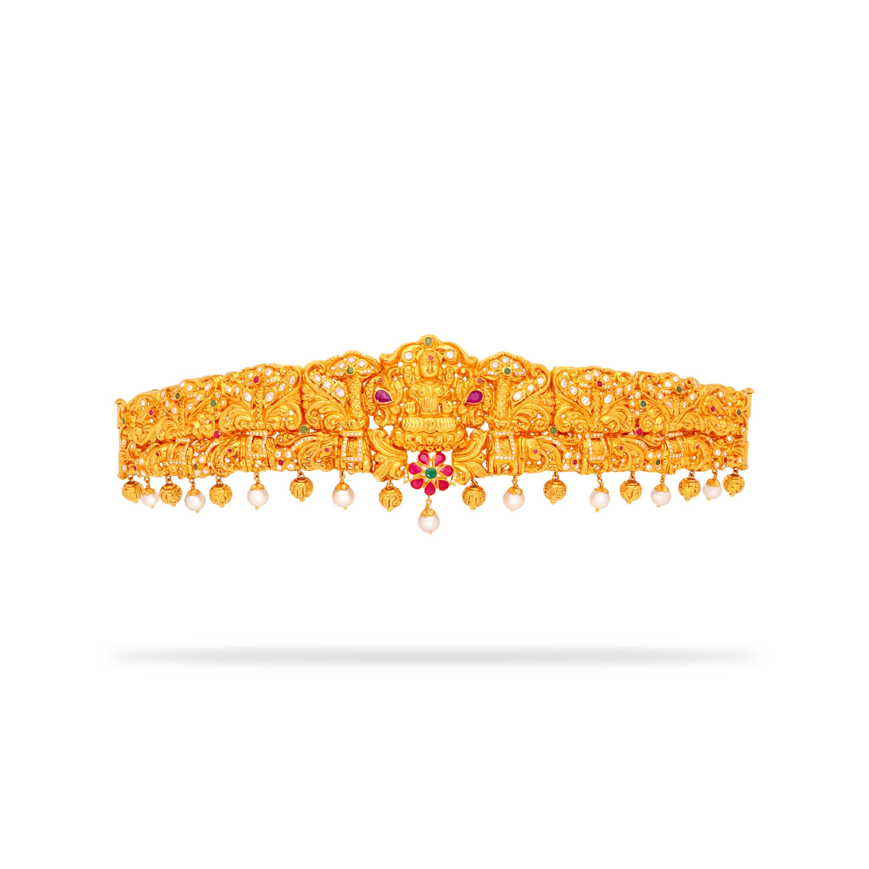 Divinely Detailed And Studded Lakshmi Devi 22KT Gold Oddiyanam