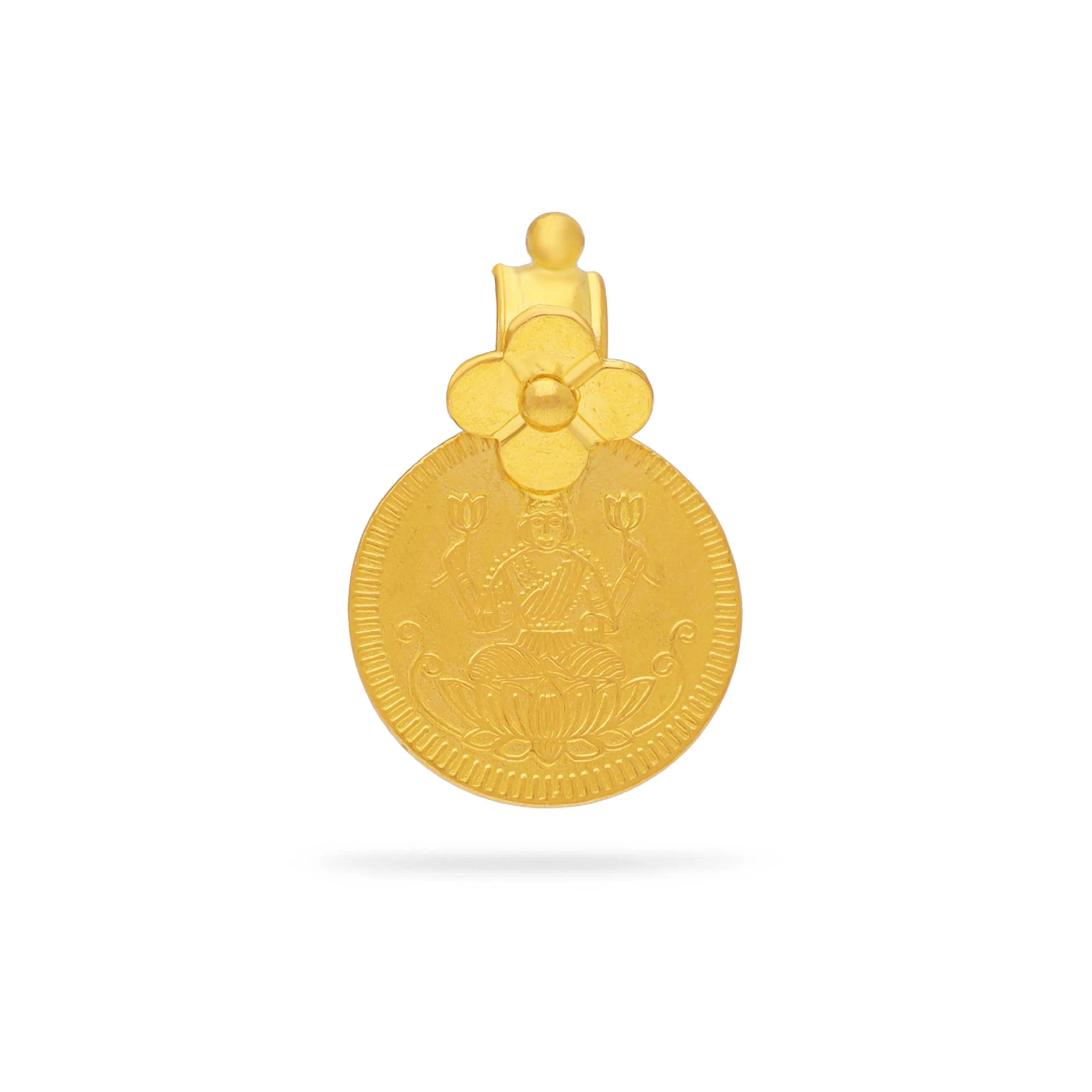 Classic Finely Detailed And Crafted 22KT Gold Lakshmi Locket With Flower