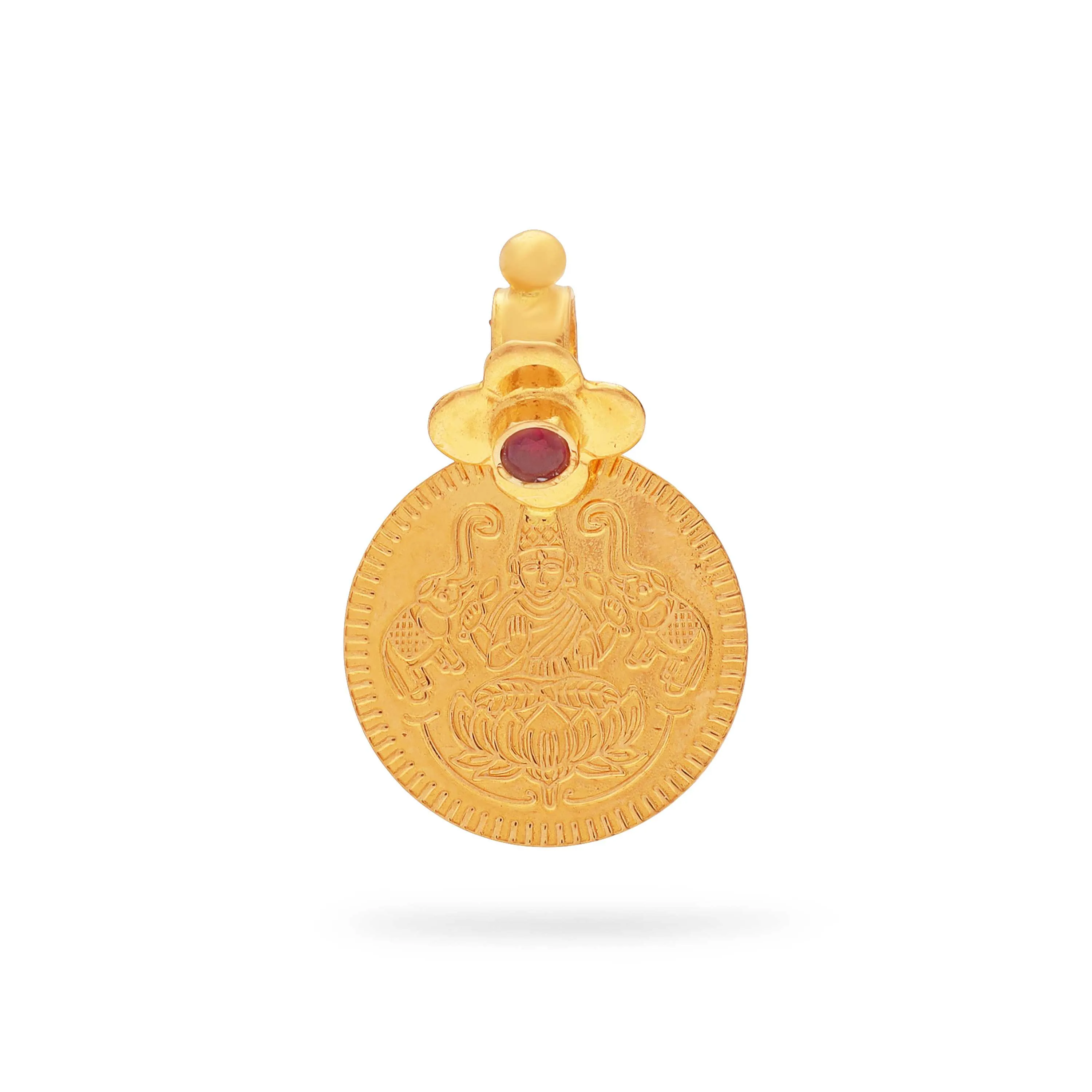 Traditionally Crafted And Detailed 22KT Gold Lakshmi Locket With Flower