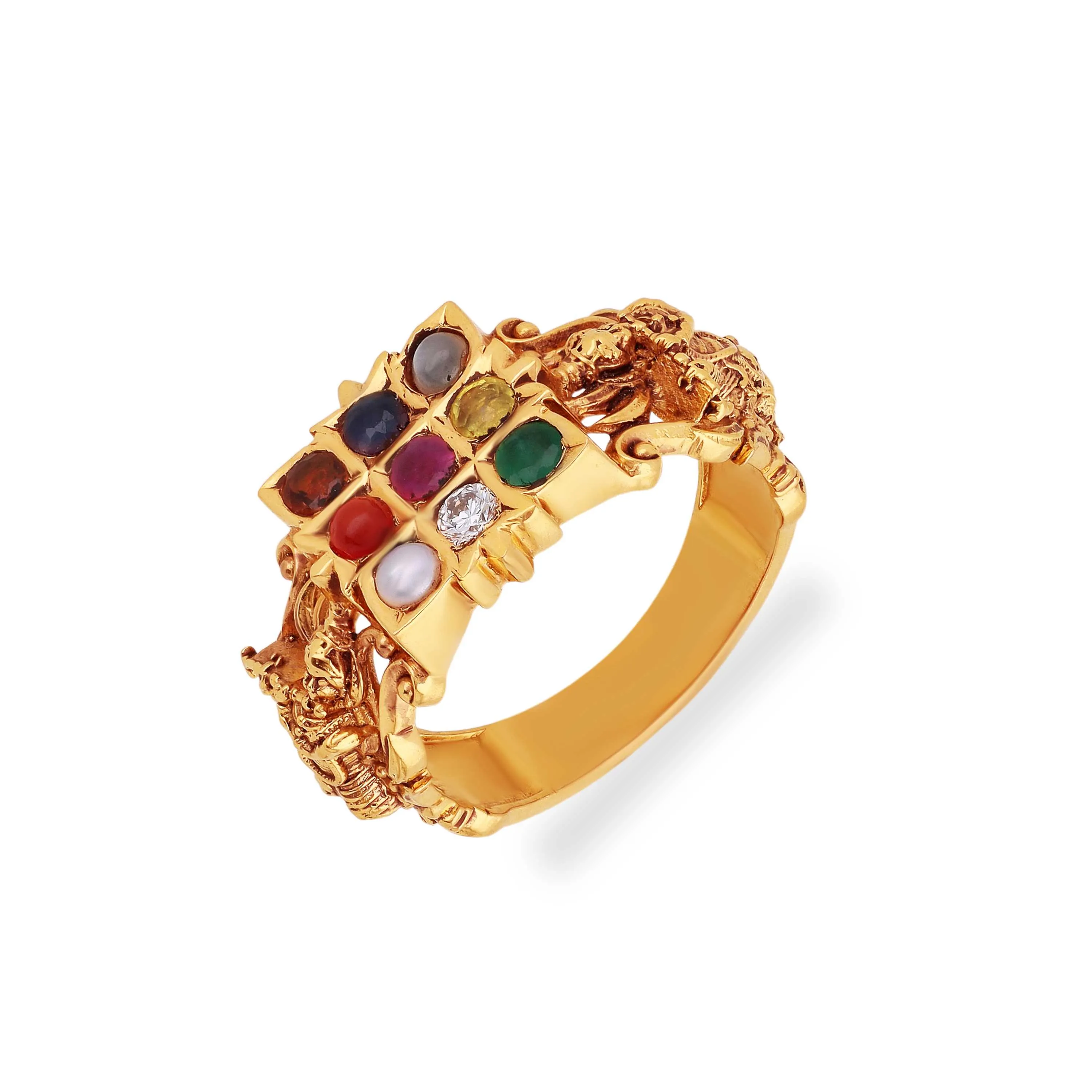 Traditionally Crafted And Navaratna Studded 22KT Gold Ring