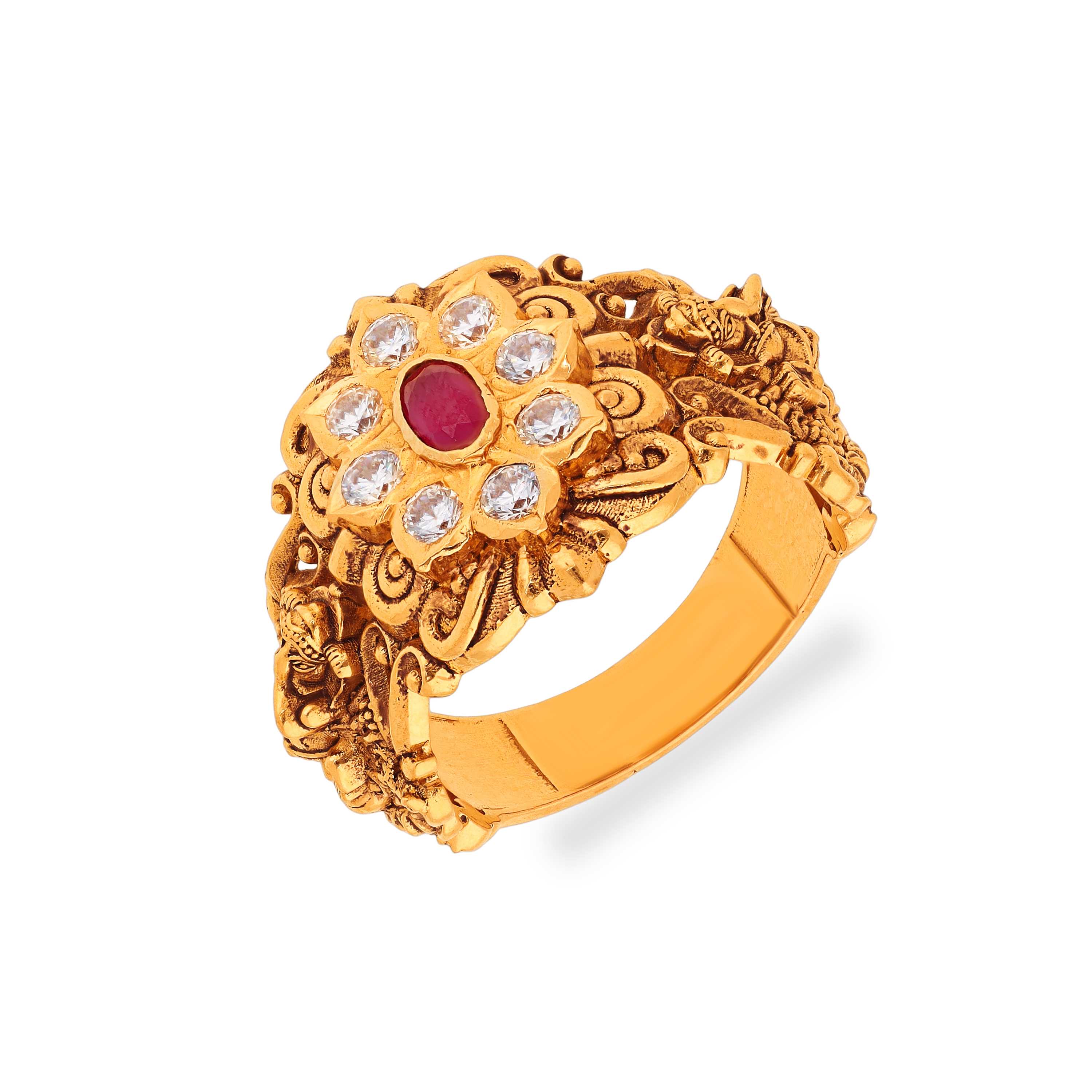 Classic Antique Finished And Studded 22KT Gold Sonata Ring