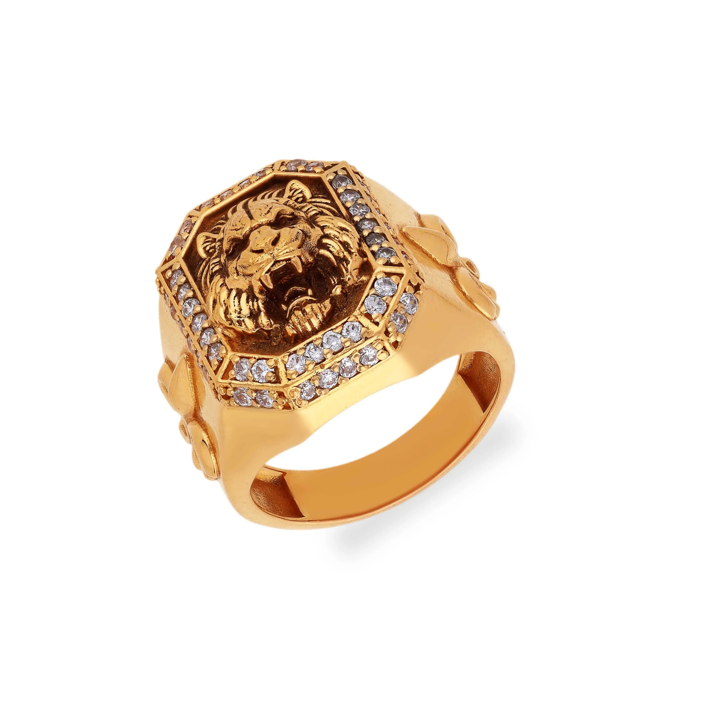Antique Finished And Studded 22KT Gold Lion Ring